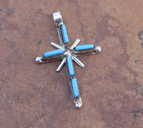 Zuni Sterling Turquoise Cross Pendant - NativeIndianMade.com